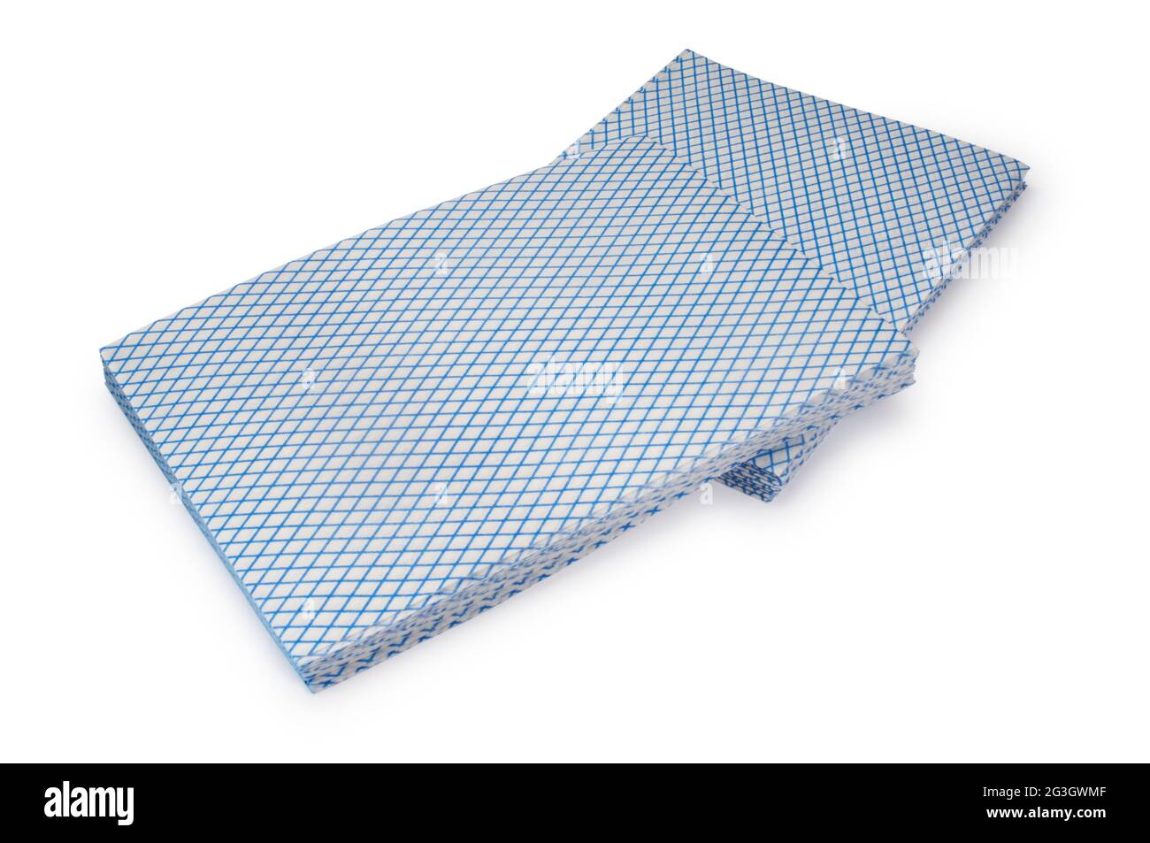 Studio shot of blue and white kitchen cleaning cloths cut out against a ...