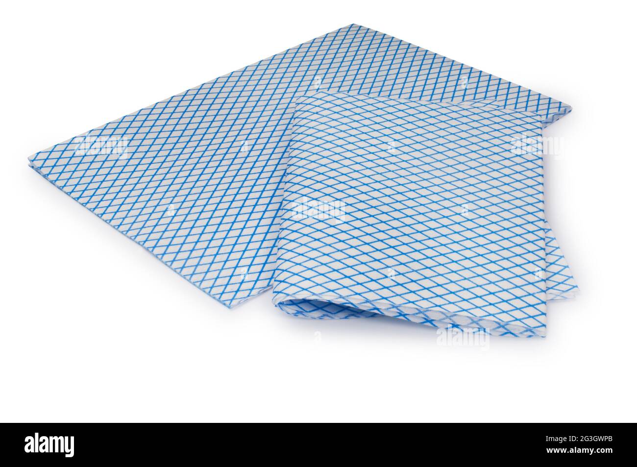 Studio shot of blue and white kitchen cleaning cloths cut out against a ...