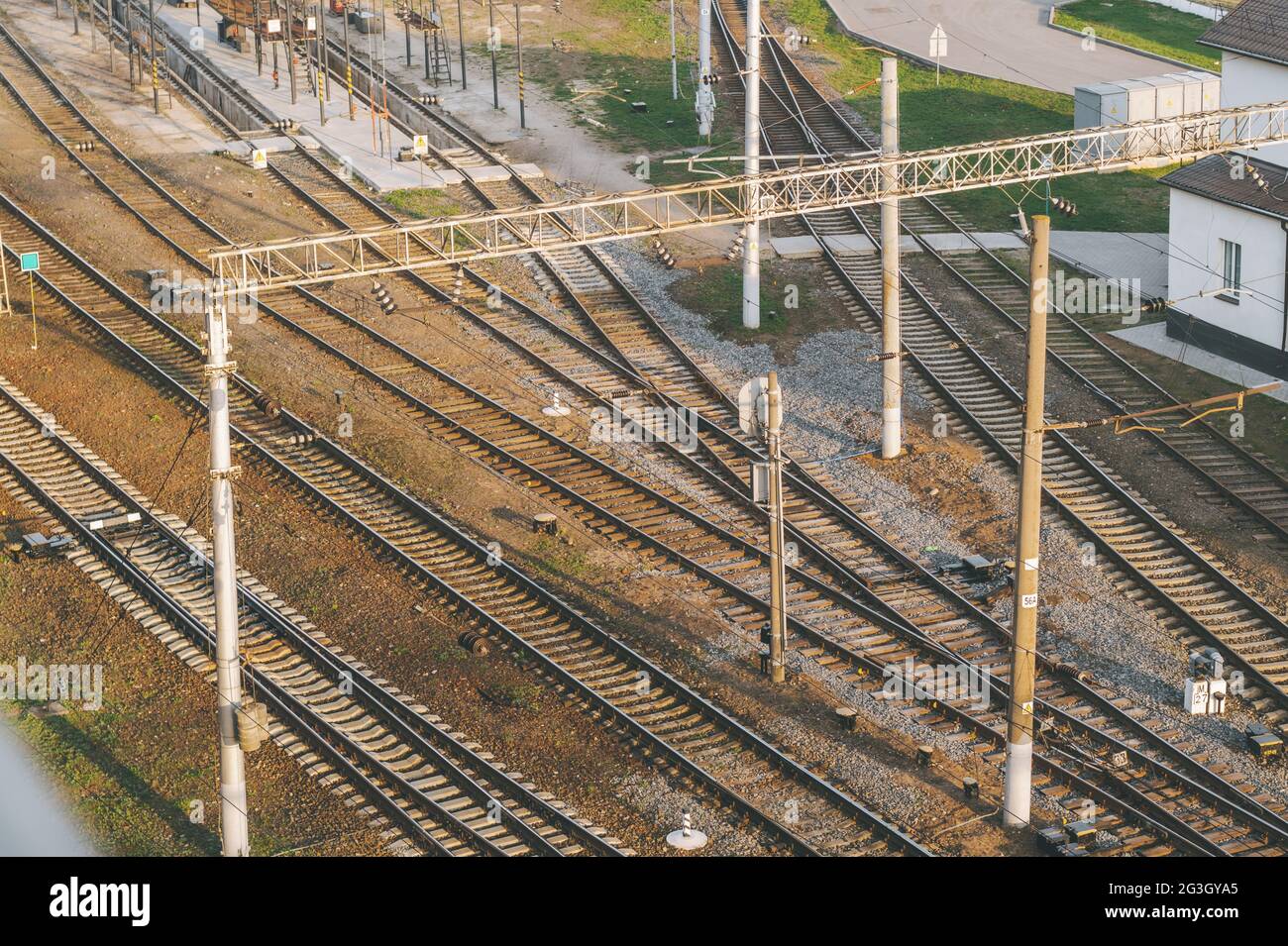 Railway junction with many train tracks, near railway station in city ...