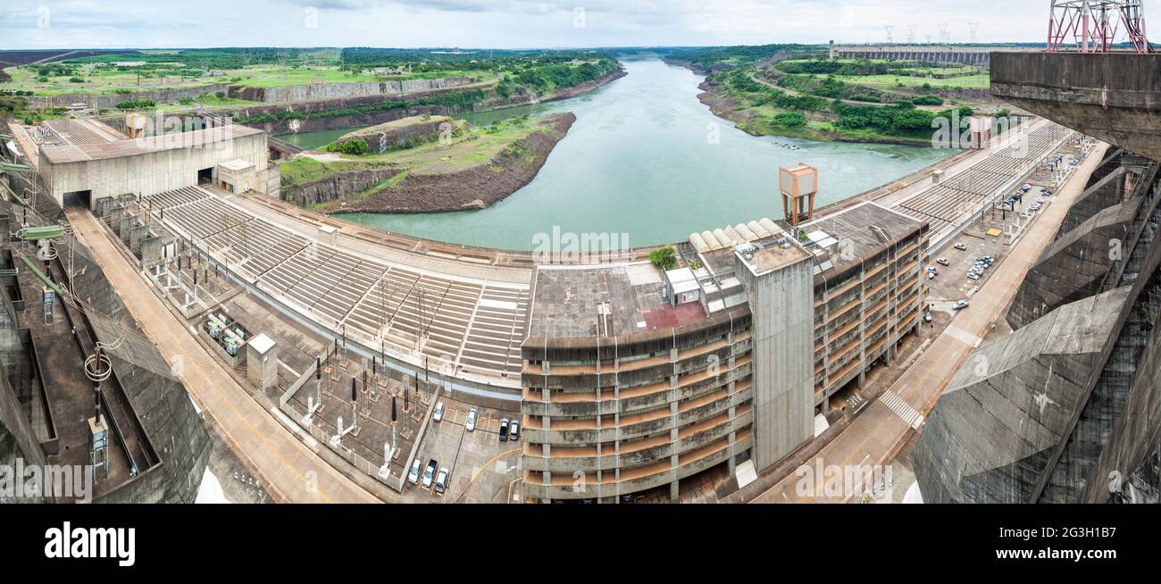 Panorama of Itaipu dam on river Parana on the border of Brazil and ...