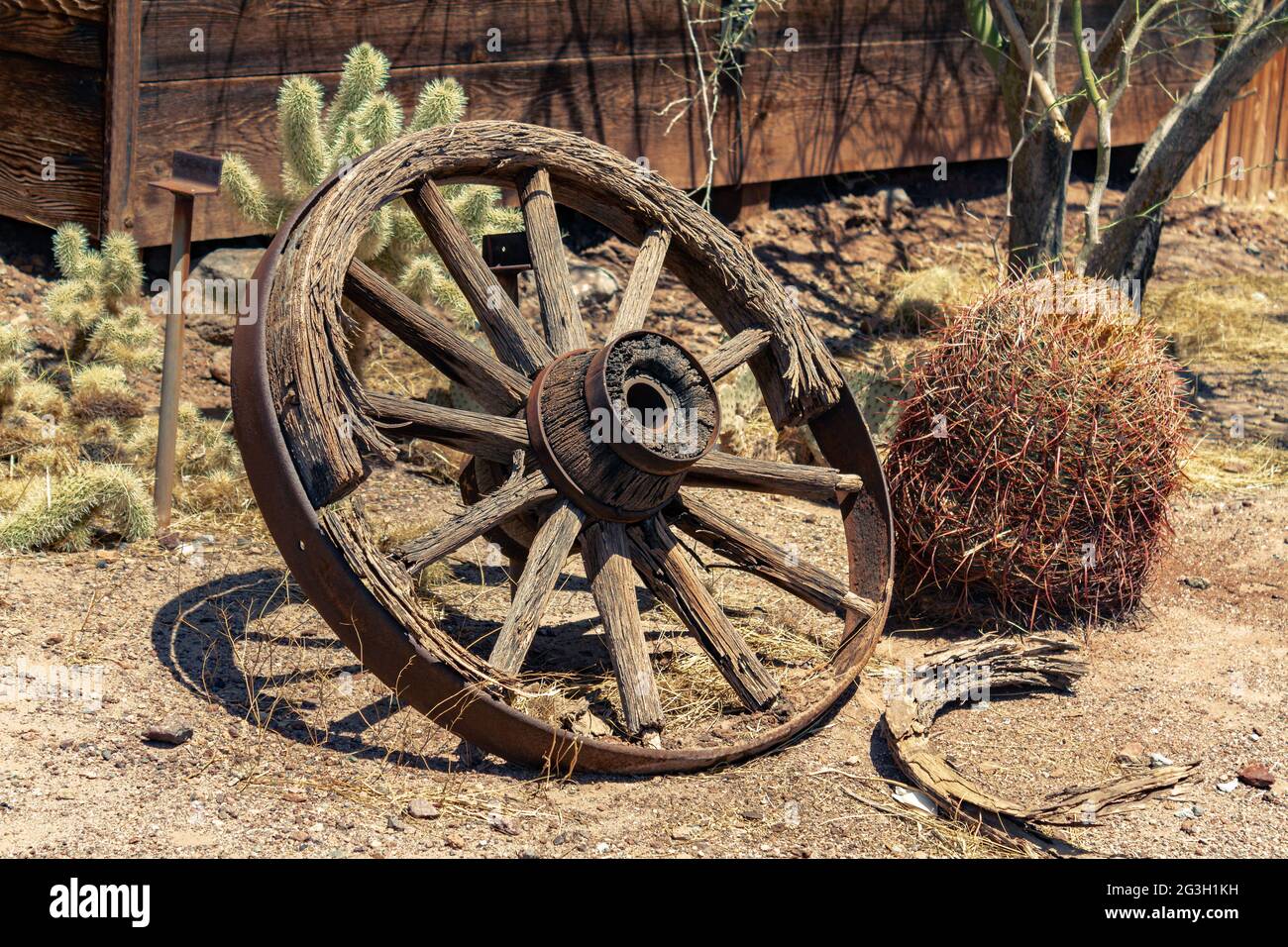 Wagon wooden wheel in a desert landscape with cactus plants Stock Photo ...