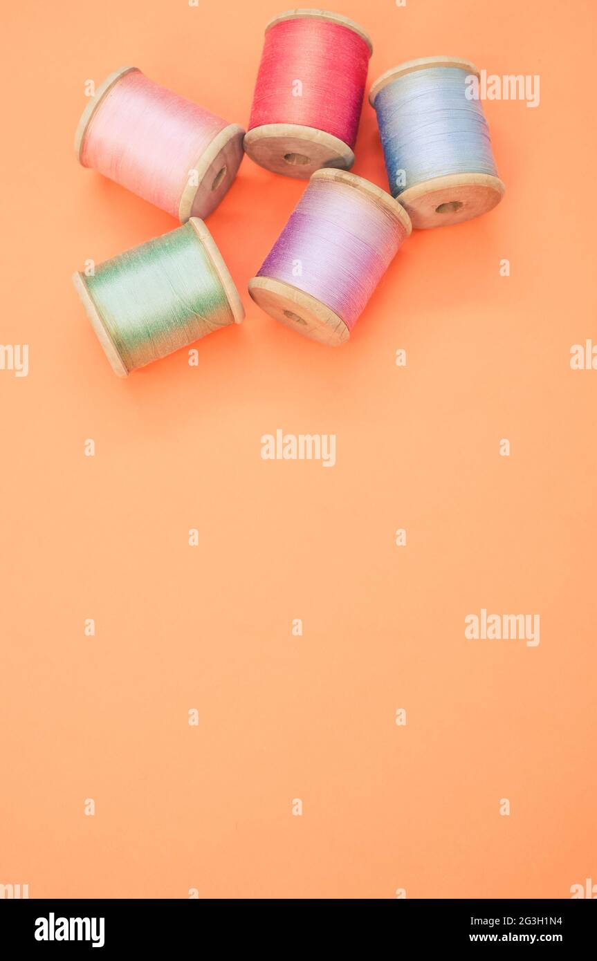 Colorful sewing threads isolated on a pastel orange background with ...