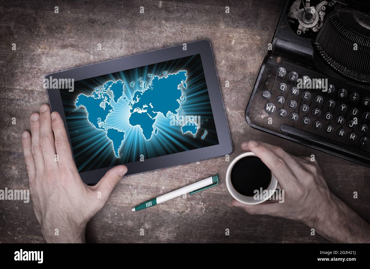 World map on a tablet Stock Photo - Alamy