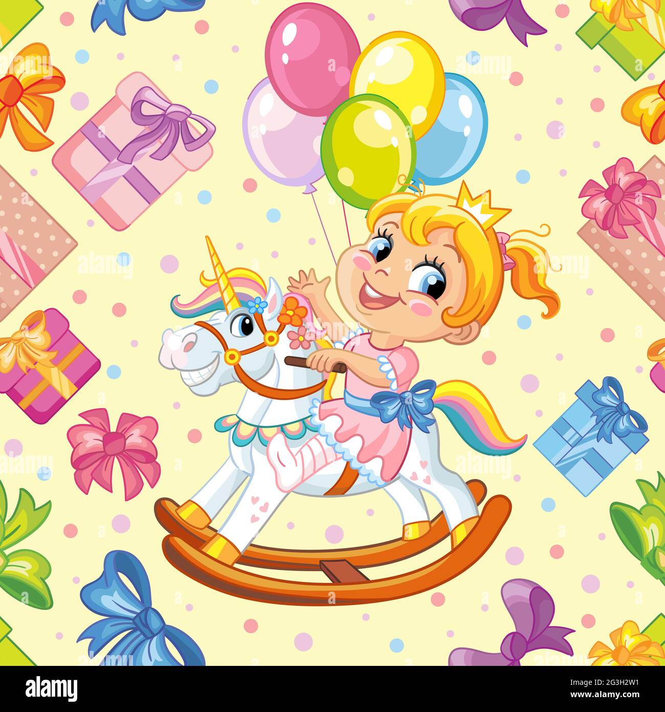 Cartoon cute little girl riding a rocking horse and party present boxes ...