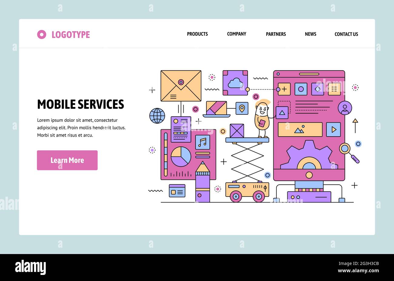Vector web site linear art design template. Mobile phone services and ...