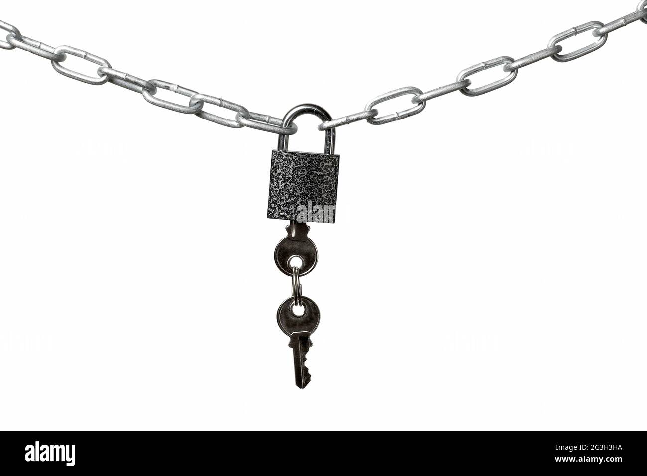 closeup on padlock locking the chain with keys inserted isolated on ...