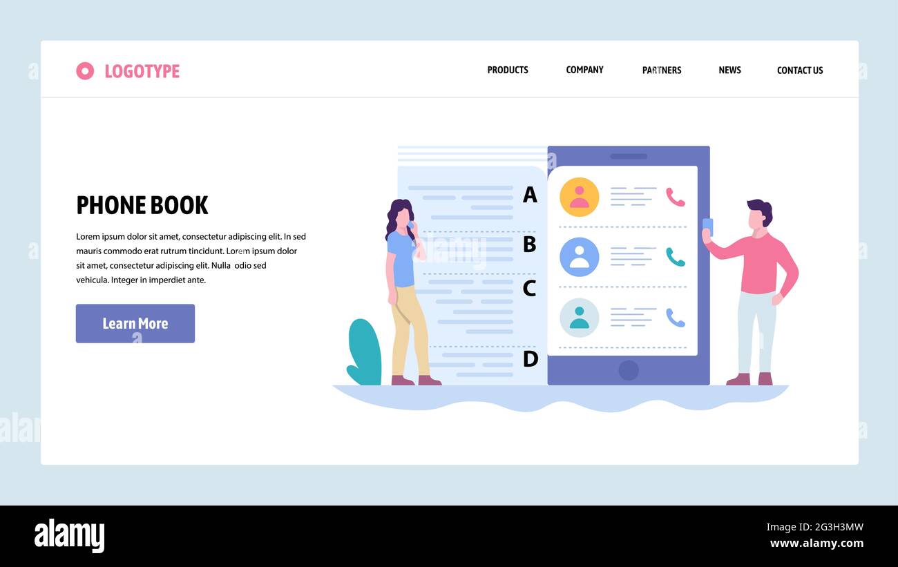 Vector web site gradient design template. Mobile phone contacts list ...