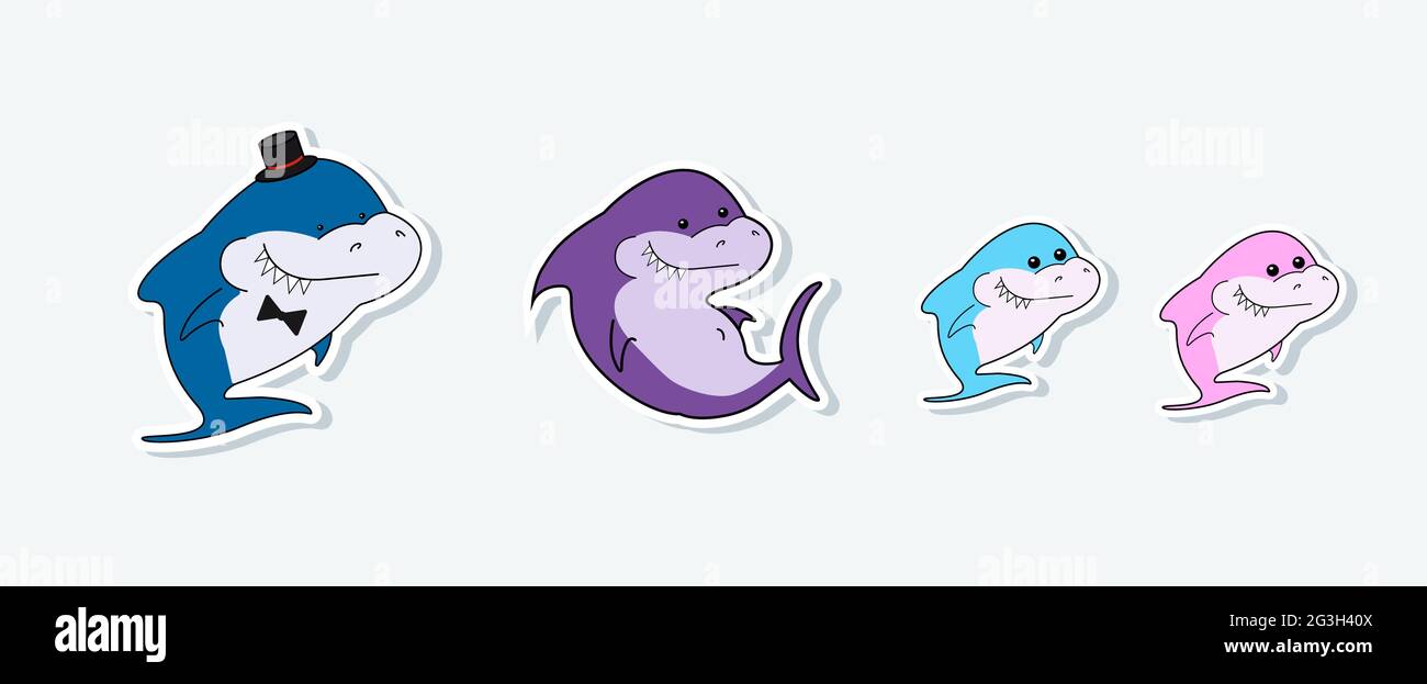 Shark cartoon characters family. Mom and dad, daughter and son are sea ...