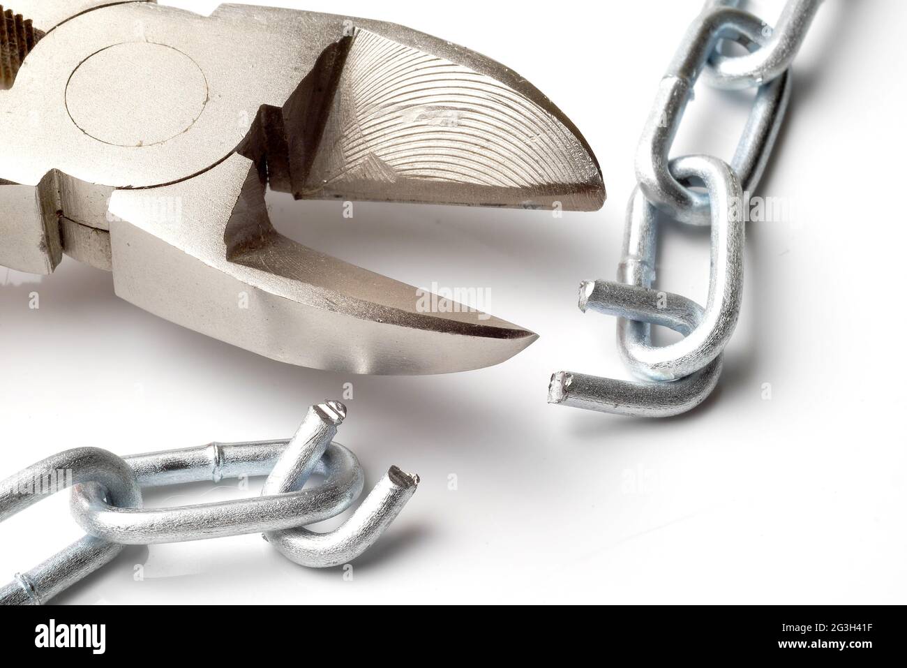 macro of broken chain and cutter on white background Stock Photo - Alamy
