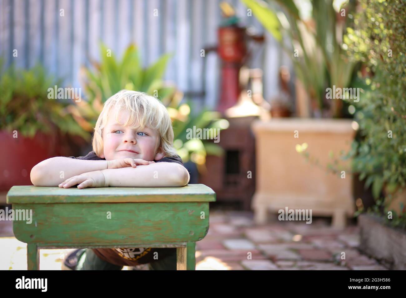 Happy adorable blonde Australian kid sitting and leaning on a small ...