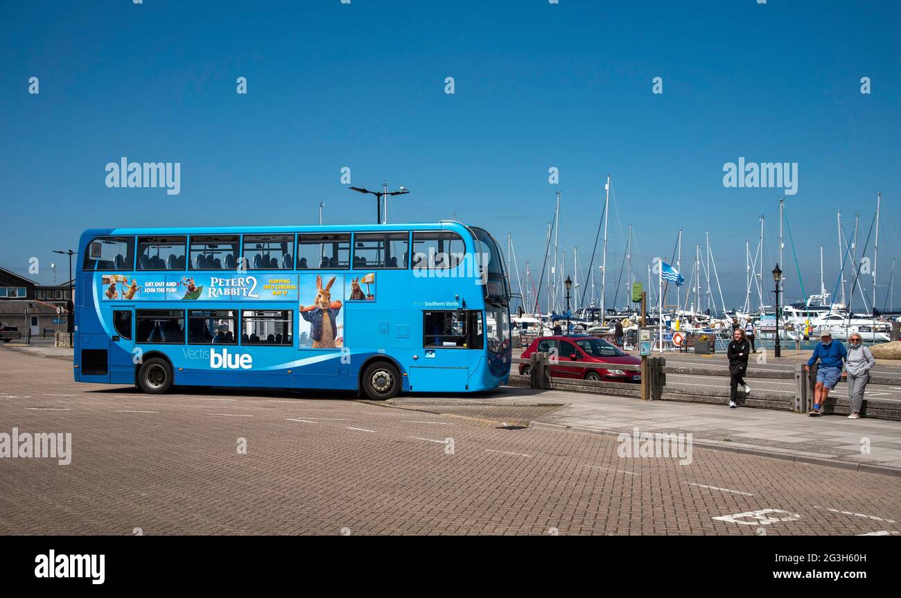 Yarmouth, Isle of Wight, England, UK. 2021. A blue double decker bus at ...