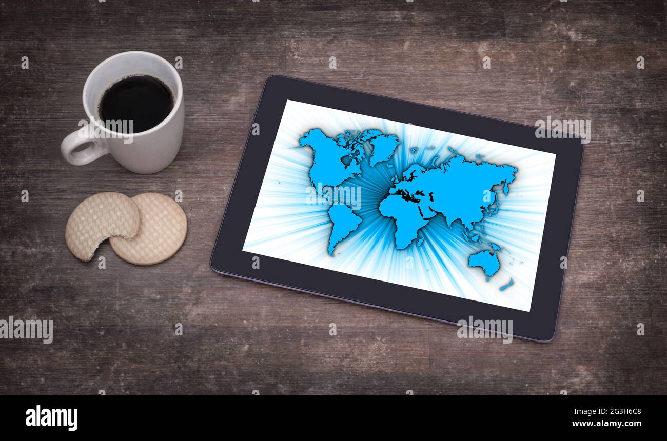 World map on a tablet Stock Photo - Alamy