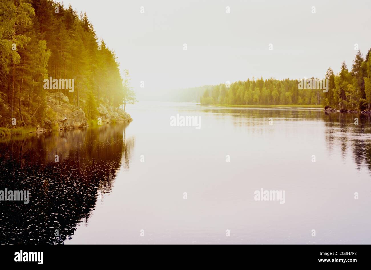 scandinavian landscape - steady stream of river with rocky shores, low ...
