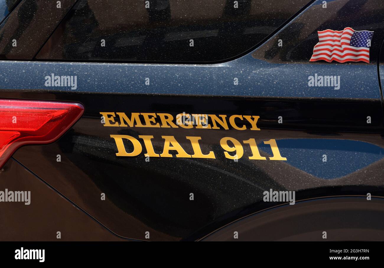 Emergency 911 on the side of a police car in Santa Fe, New Mexico Stock ...