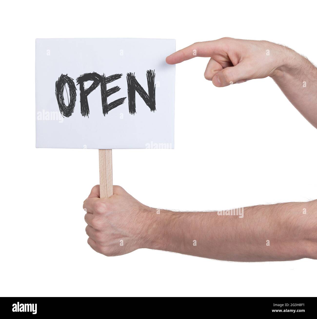 Hand holding sign, isolated on white Stock Photo - Alamy