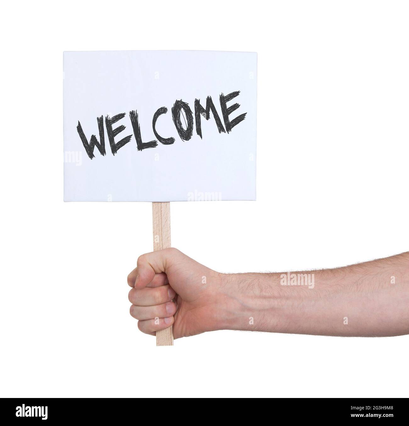 Hand holding sign, isolated on white Stock Photo - Alamy