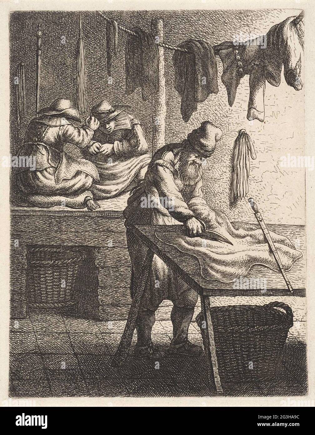 Tailor; Professions. A tailor cuts a fabric, next to him his thumbstick ...