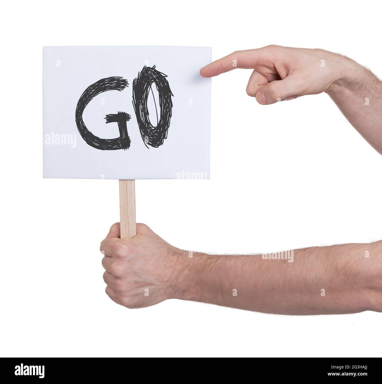 Hand holding sign, isolated on white Stock Photo - Alamy