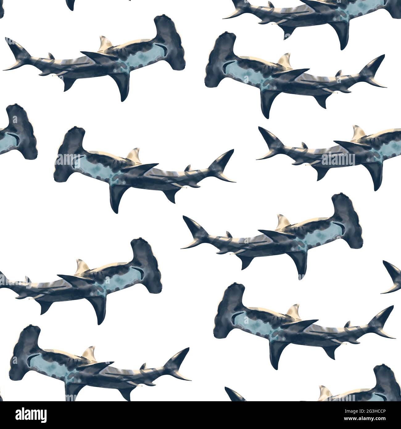 Watercolor seamless pattern hammerhead shark hand drawn illustration ...