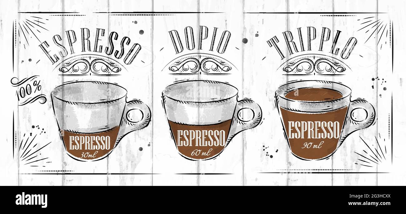 Poster coffee espresso in vintage style drawing on wood background ...