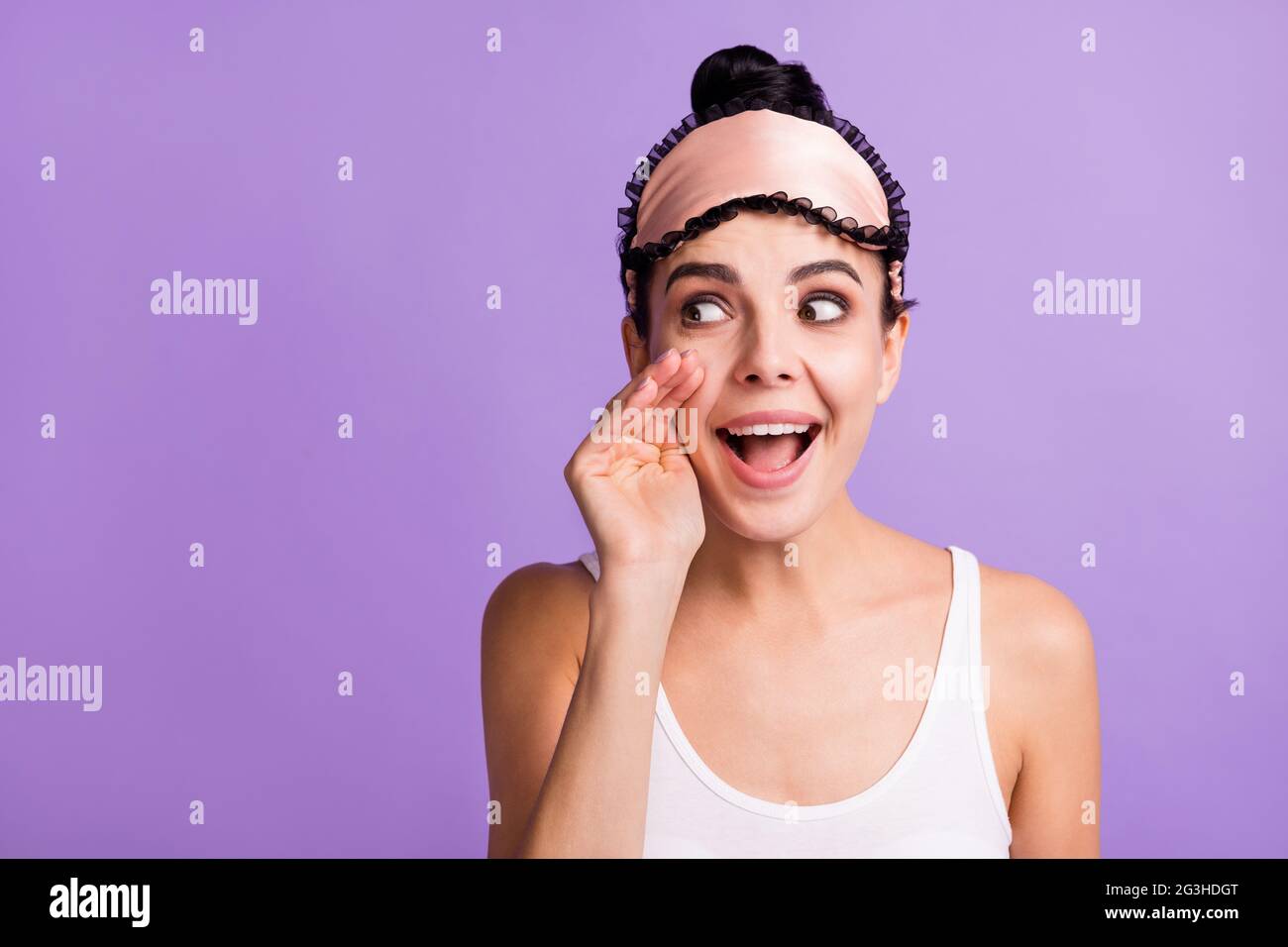 Photo of happy excited crazy smiling cheerful girl look copyspace ...