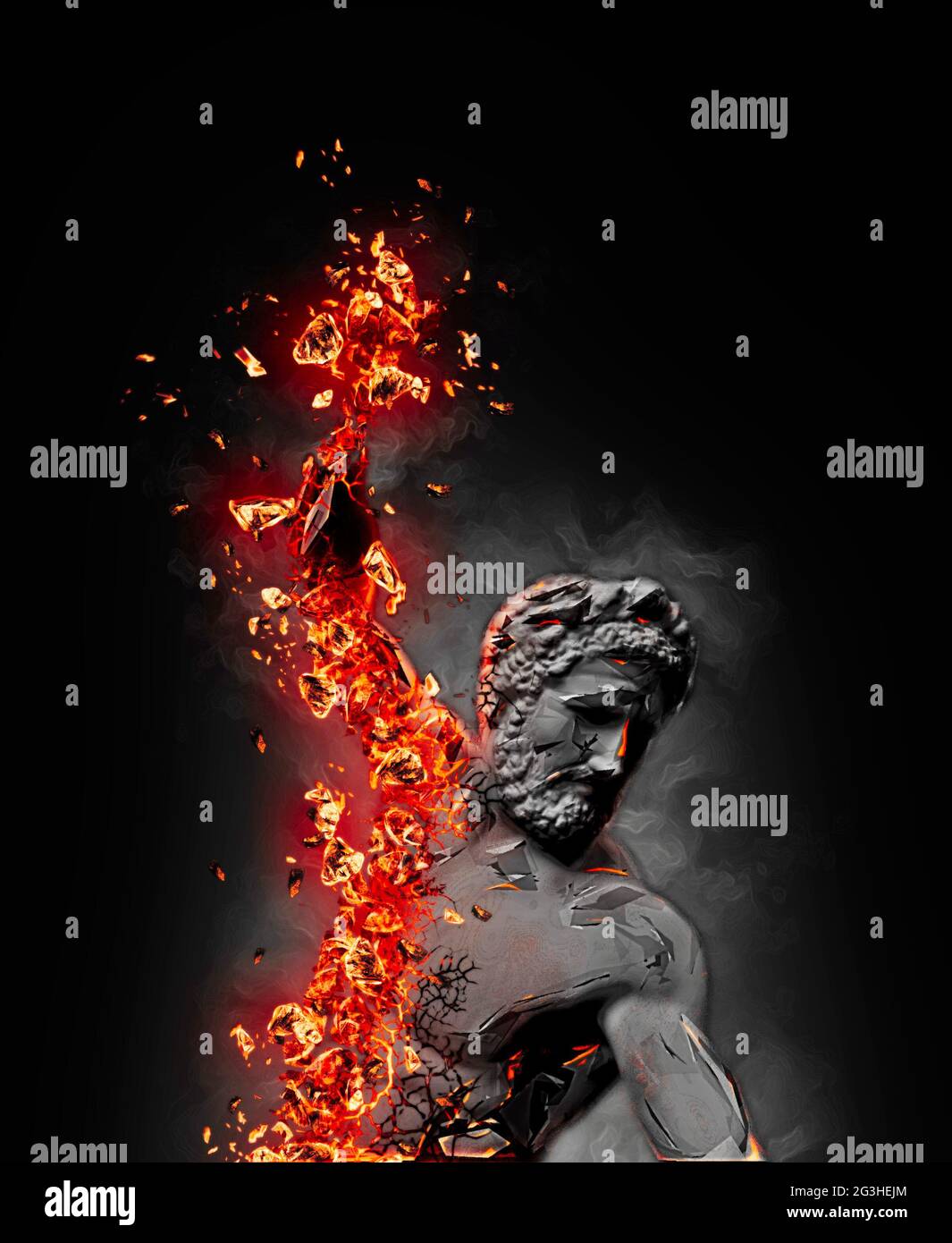 Muscular fiery arm, lava effect, lapilli and burning embers. Fury ...