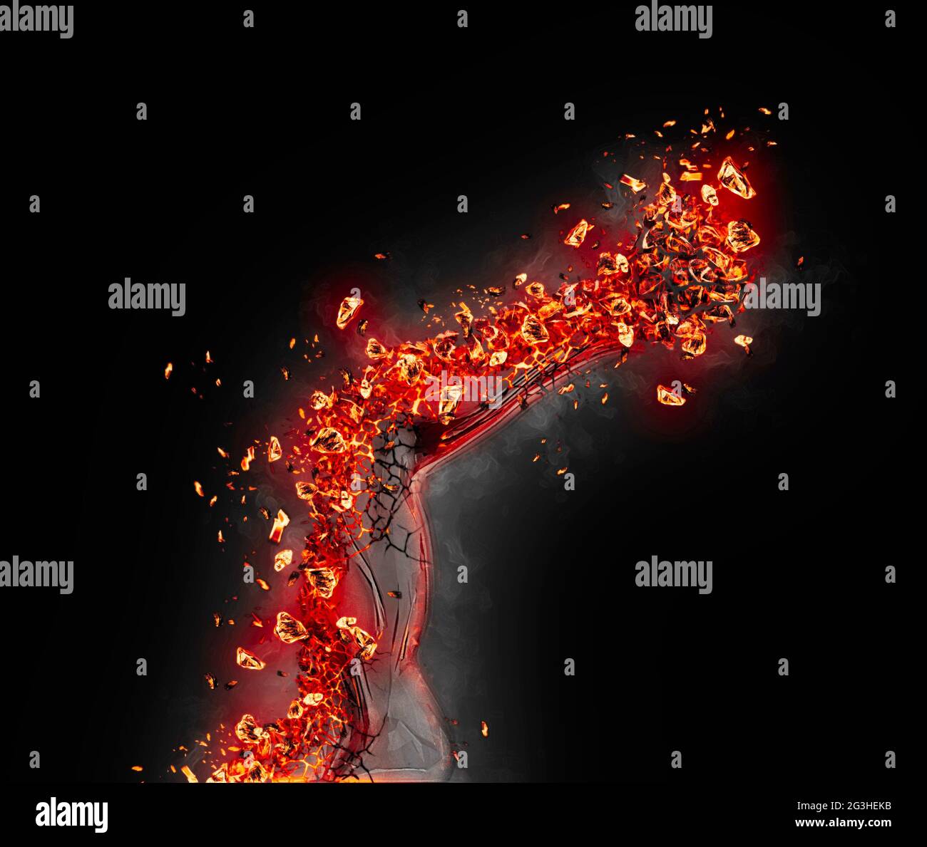 Muscular fiery arm, lava effect, lapilli and burning embers. Fury ...