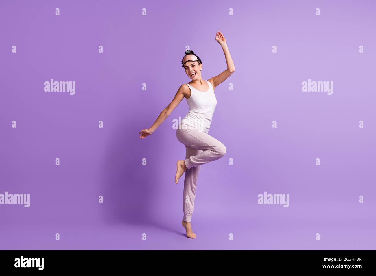 Full length body size photo of girl doing morning exercises smiling ...