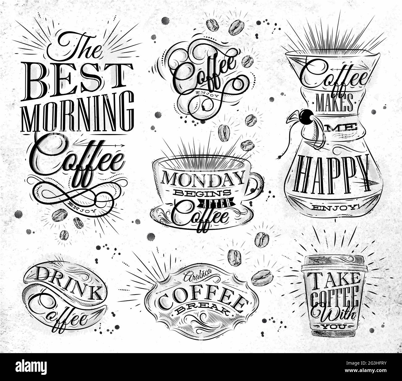 Set of coffee signs lettering drawing in vintage style on white dirty ...