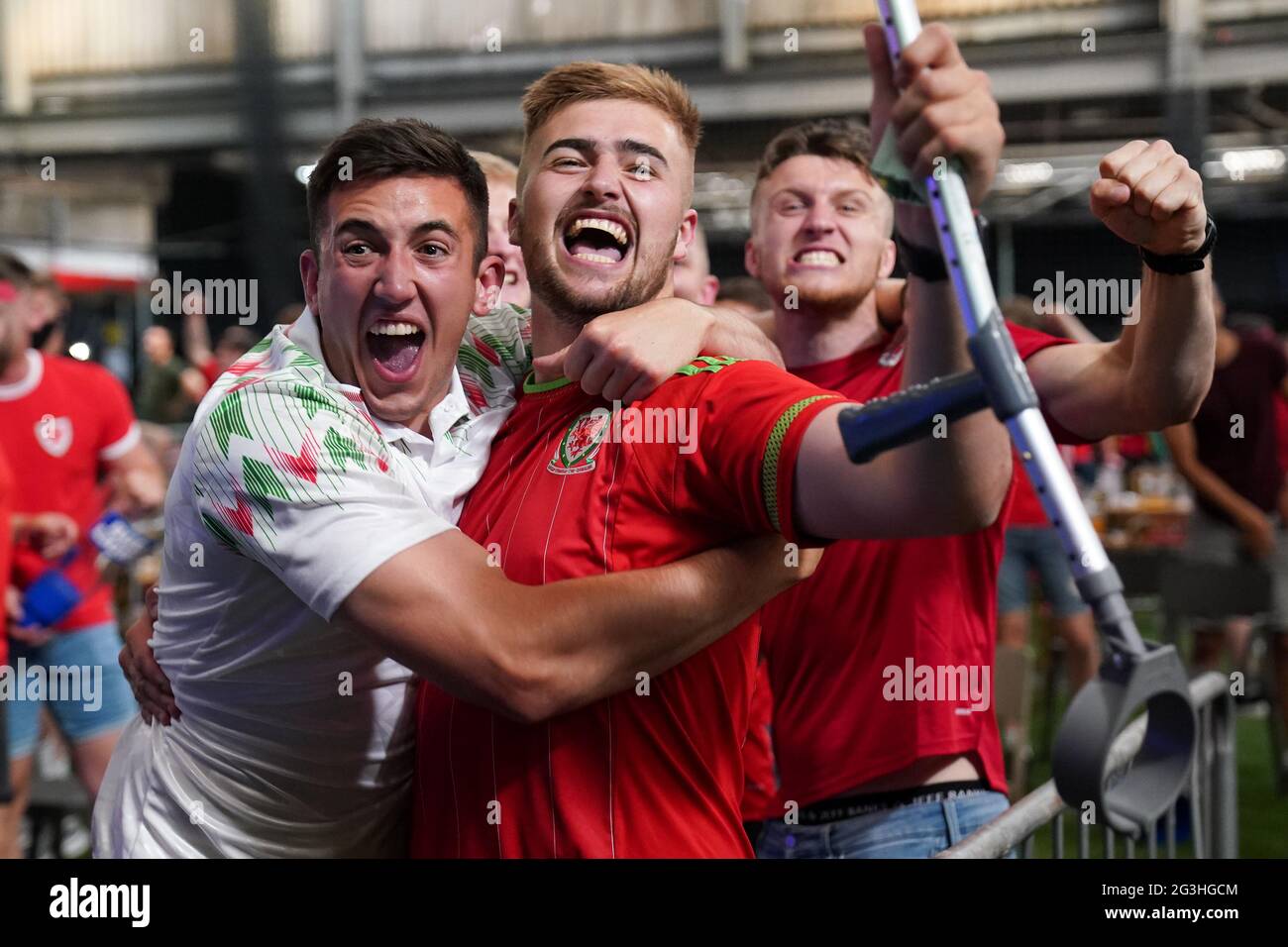 Wales fans celebrate the opening goal whilst watching the UEFA Euro ...