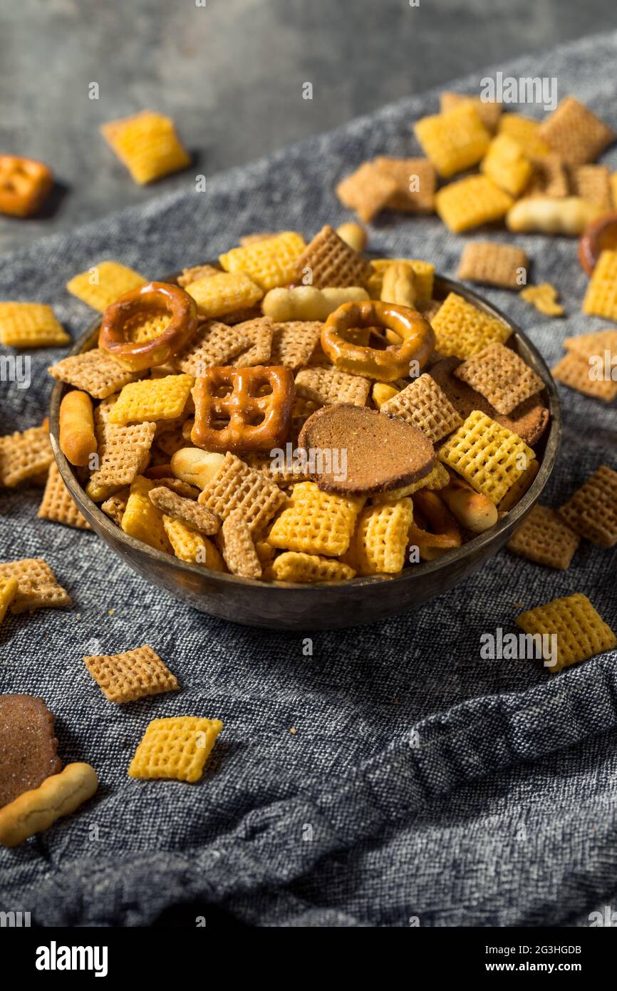 Homemade Salty Party Snack Mix with Cereal and Pretzels Stock Photo - Alamy