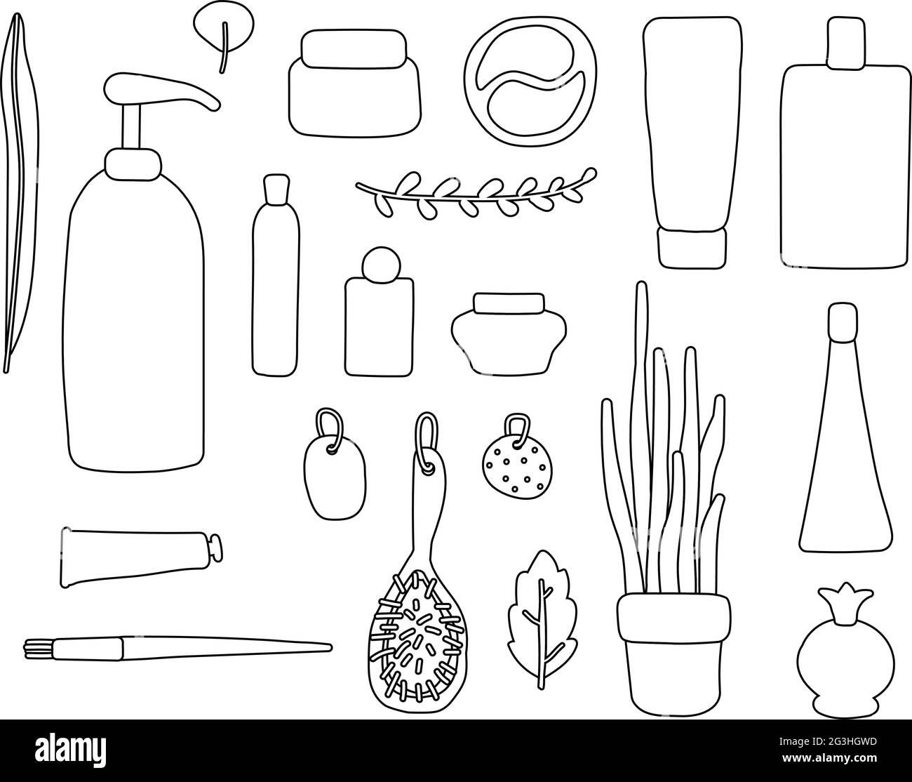 Set of contour items of cosmetics and plants. Outline packages, bottles ...