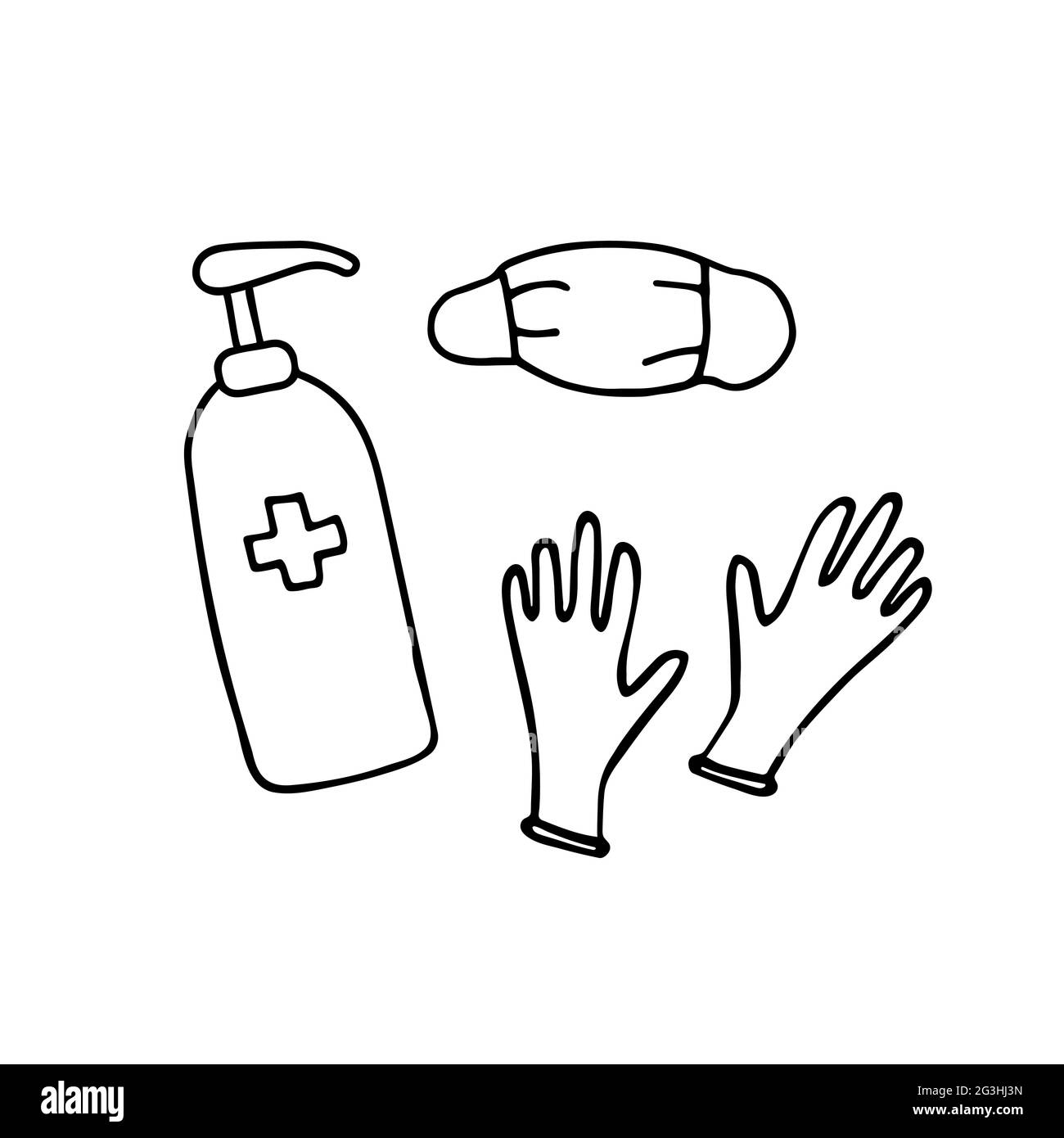 Medical protective doodle set. Hand drawn masks, gloves, soap, hand disinfectant. Means of ...