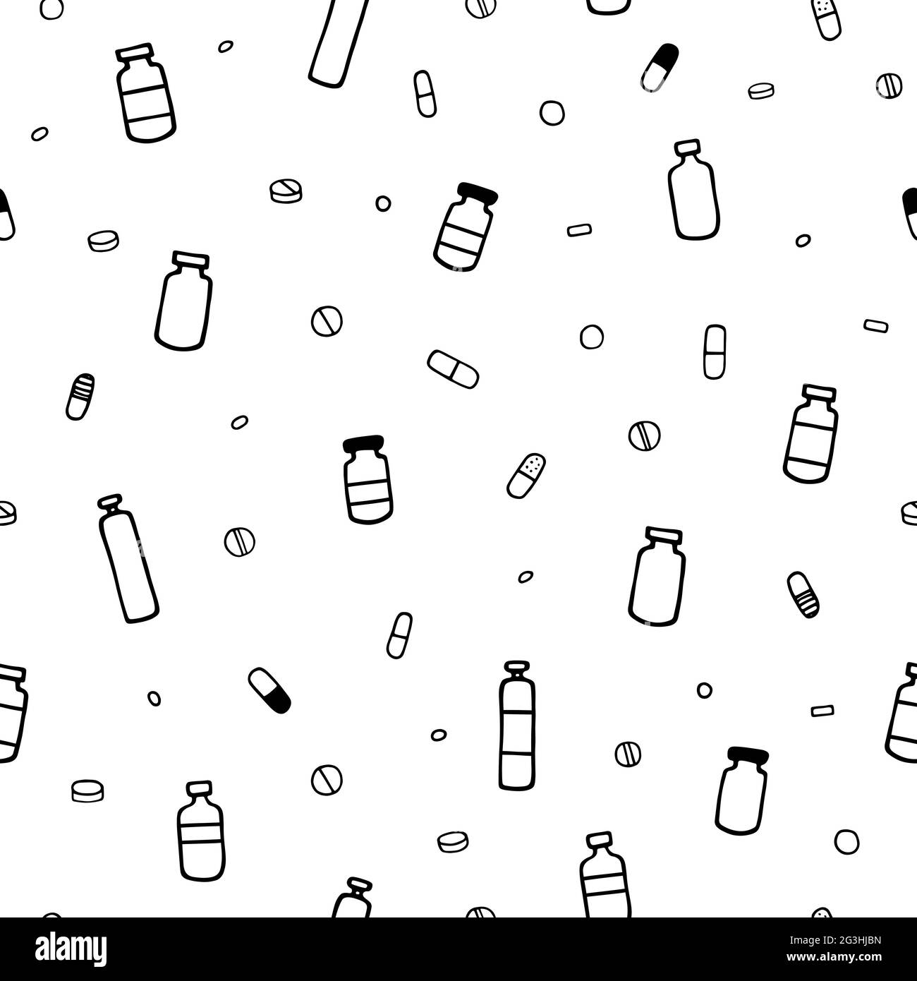Seamless vector medical pattern. Black outline of pills, medicine ...