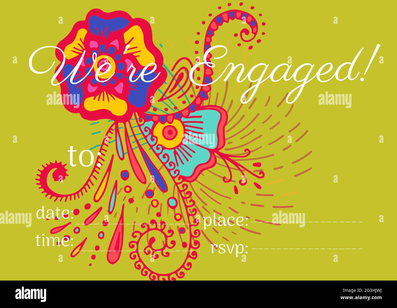 We are engaged text with copy space against colorful decorative floral ...