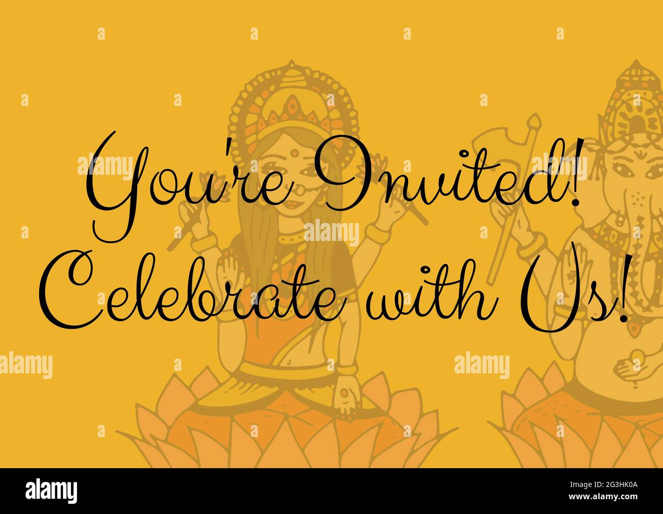 Invitation and celebration text against indian god and goddess designs ...