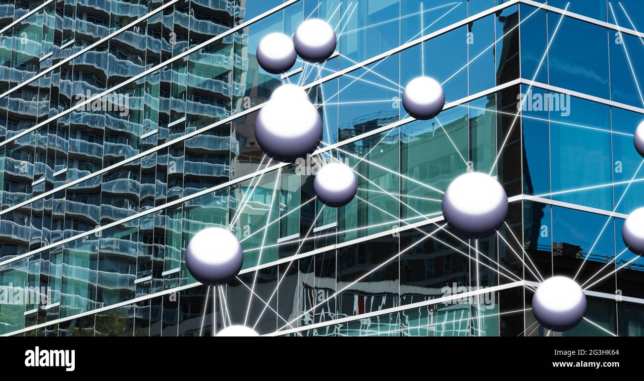 Network of connections against view of tall buildings in background ...