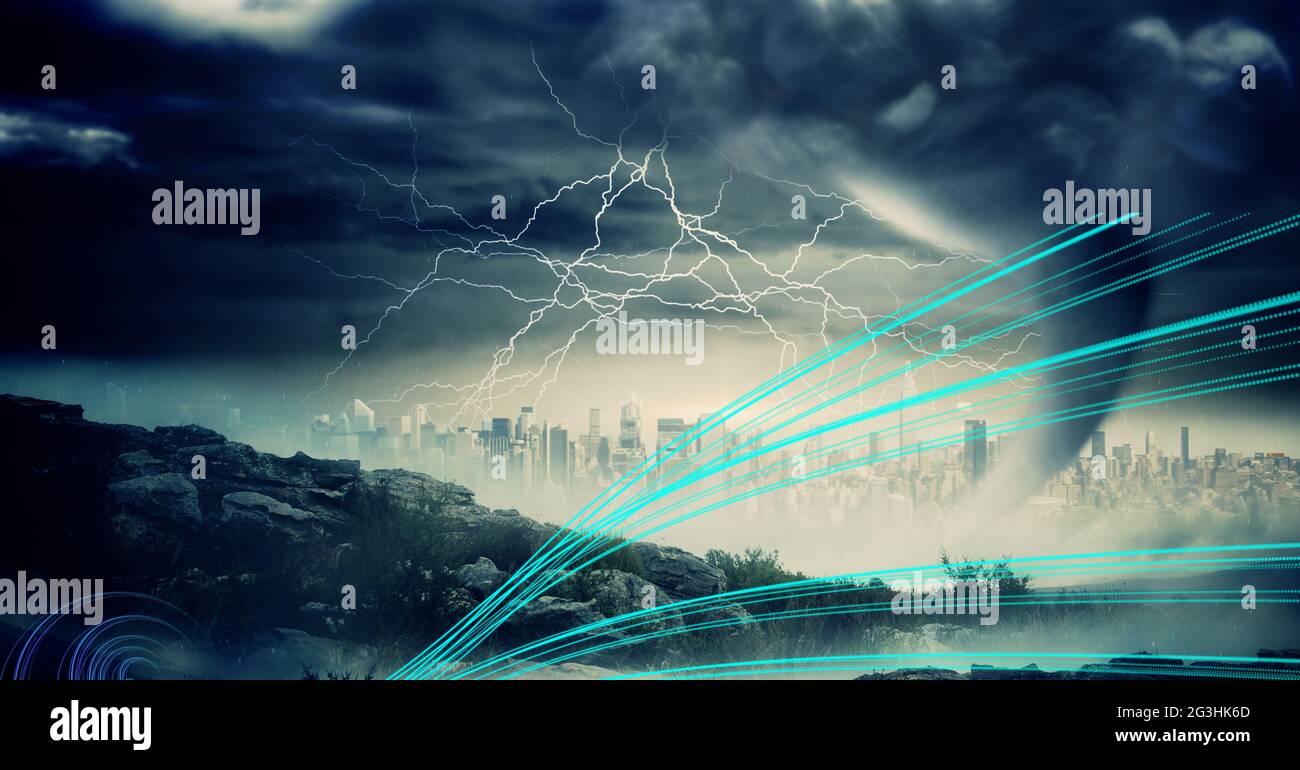 Green light trails against thunderstorm and dark clouds against view of ...