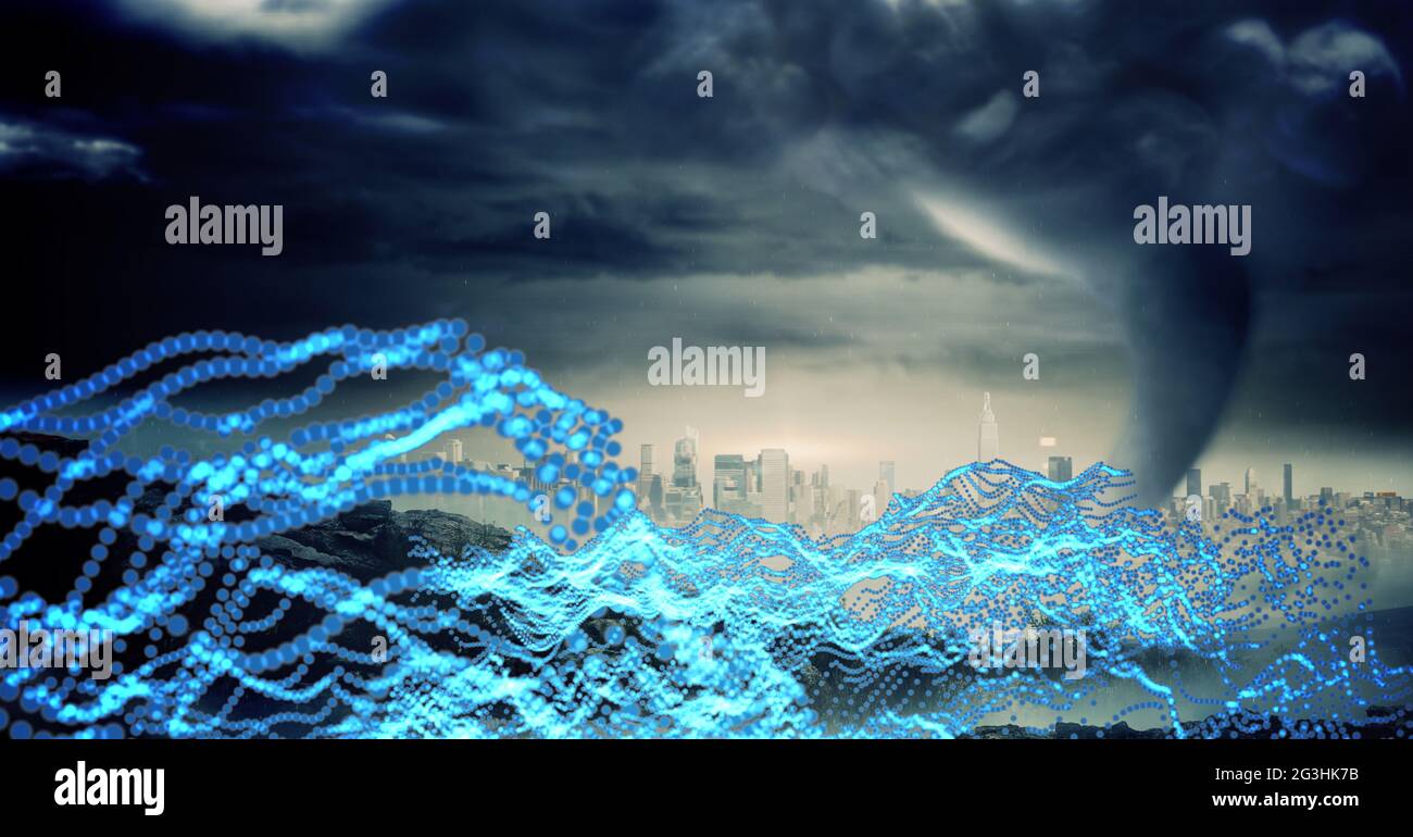 Glowing blue digital waves against thunderstorm and dark clouds against ...