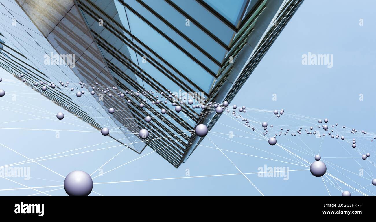 Network of connections against view of tall building in background ...