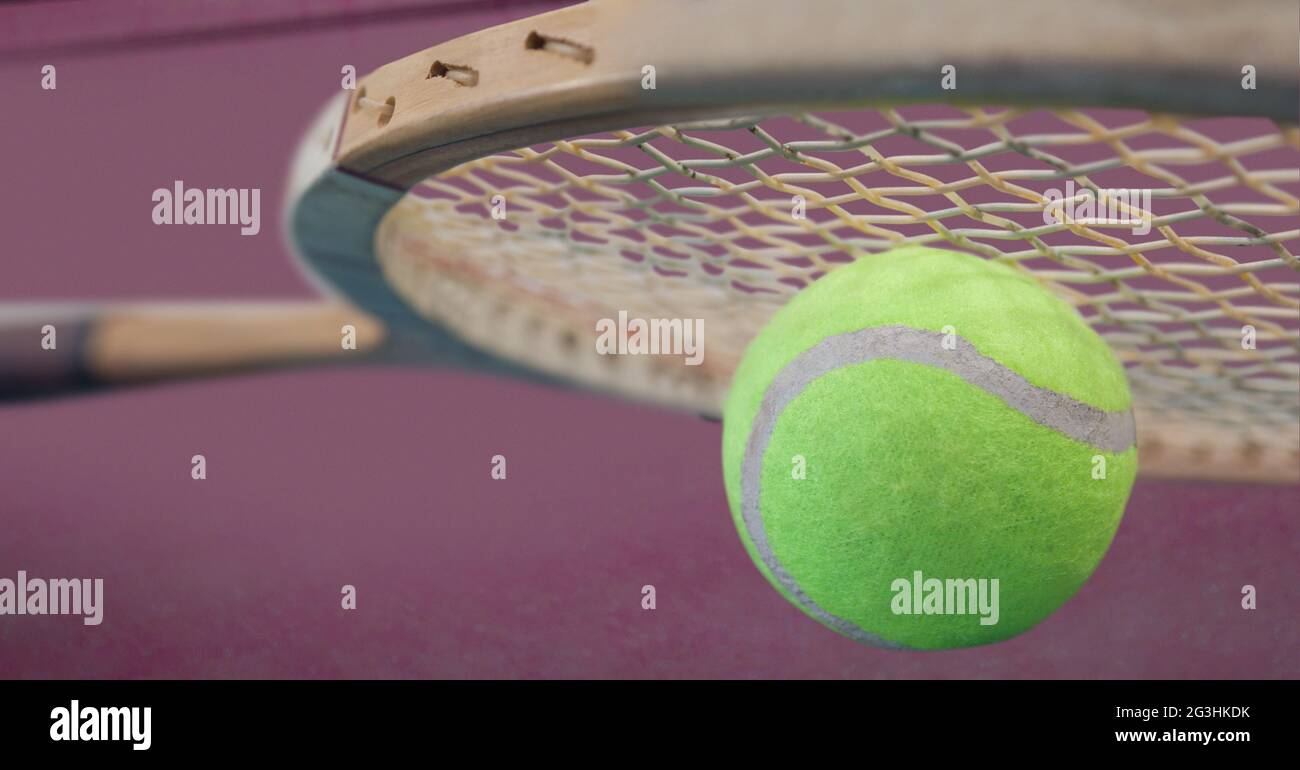 Composition of tennis ball and racket with copy space on tennis court ...