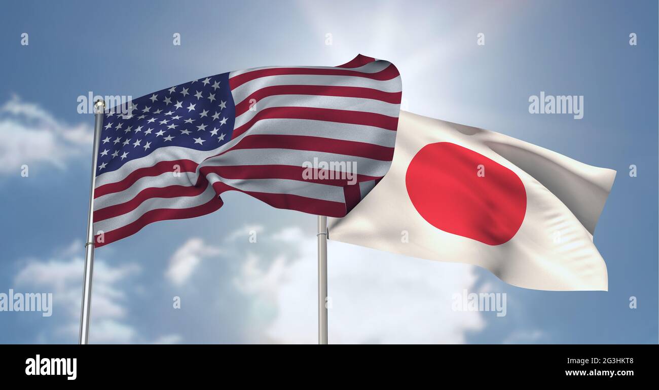 American and japanese flag waving against clouds in blue sky Stock ...