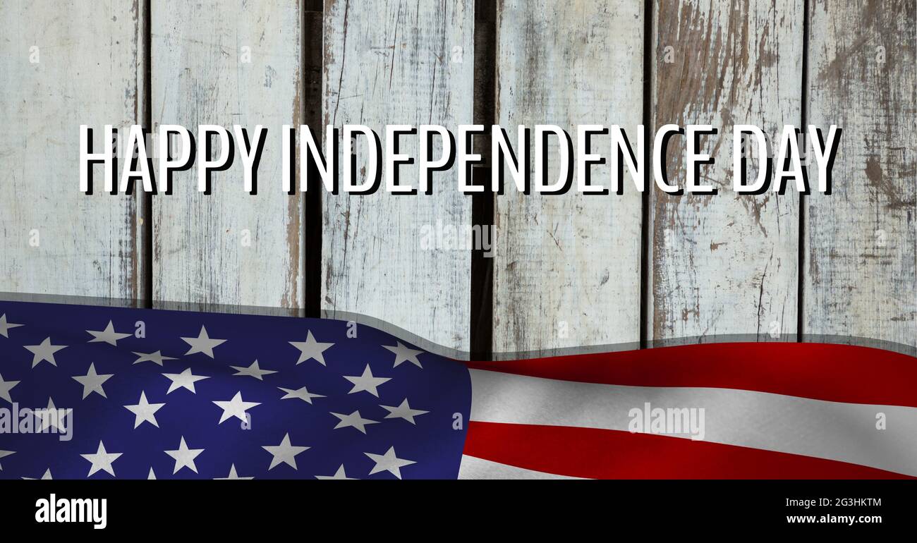 Happy independence day text and waving american flag against wooden ...