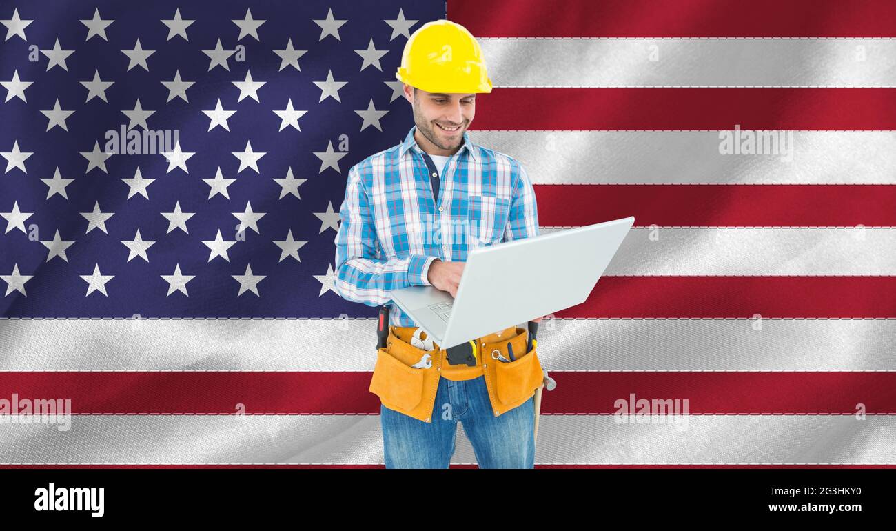 Composition of smiling male construction worker using laptop over ...