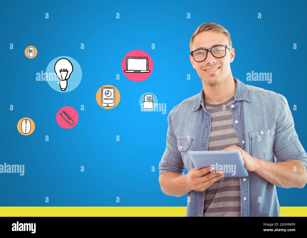 Composition of smiling man using tablet with media icons on blue ...