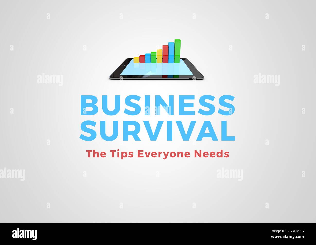 Composition of business survival text in blue and red with tablet and ...