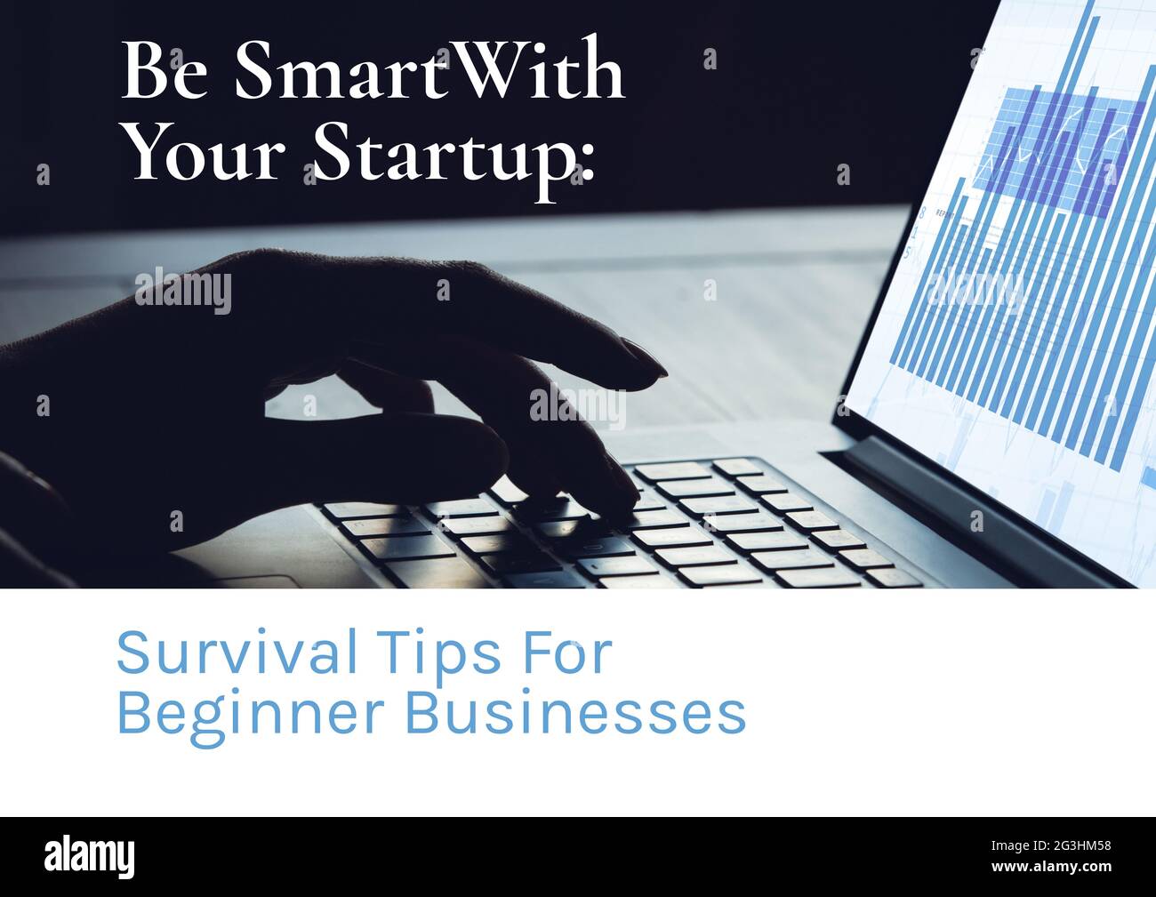 Composition of startup text in white over hand using laptop, with ...