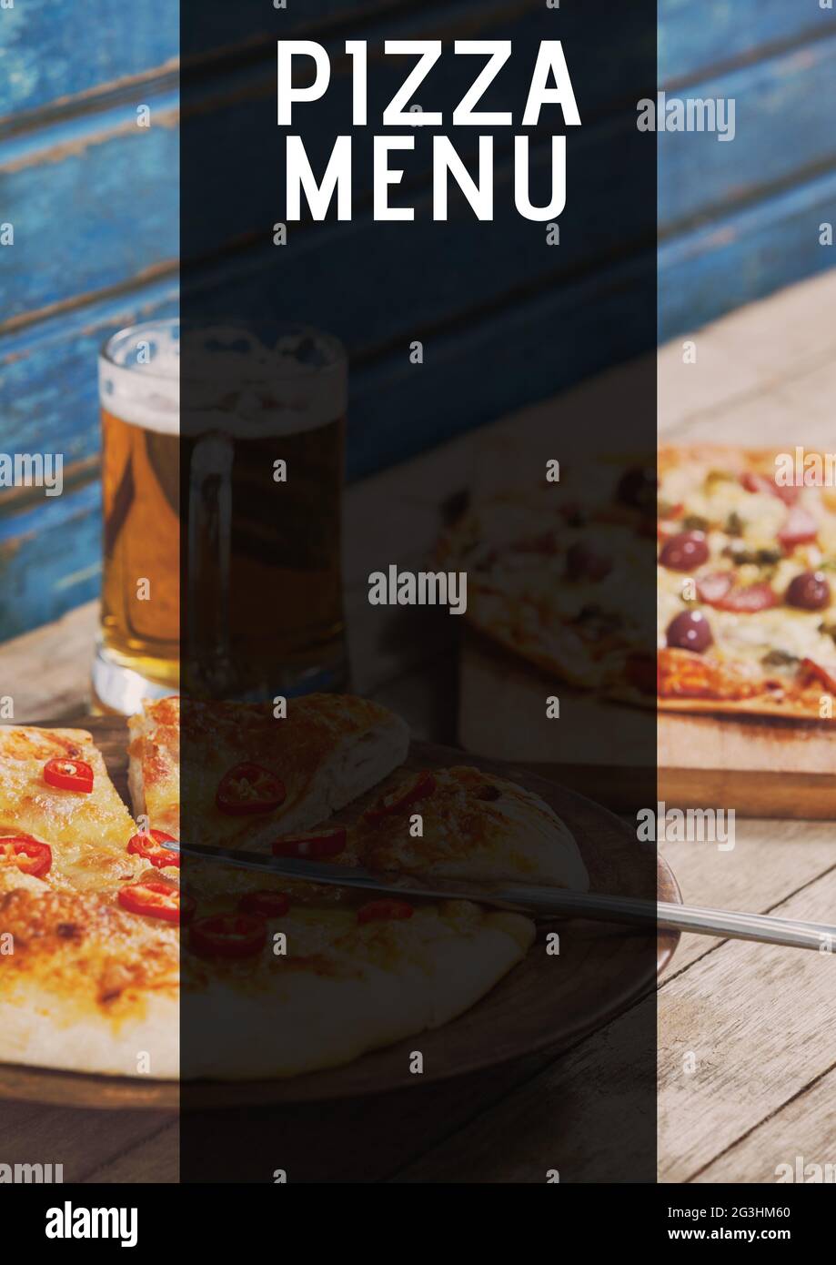 Composition of pizza menu text with copy space and pizza in background ...