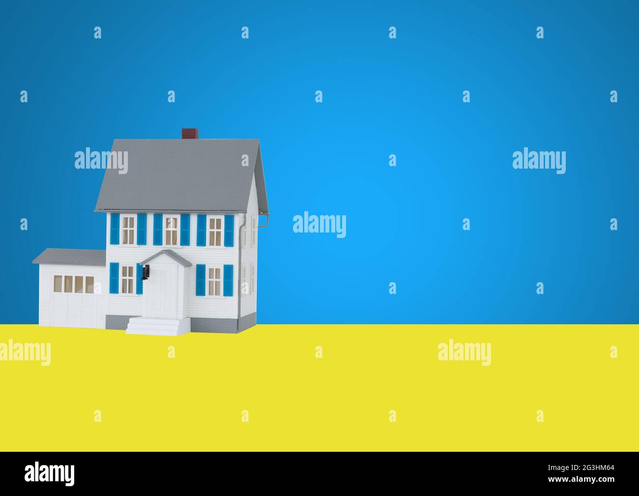 Composition of house on yellow ground and blue sky background Stock ...