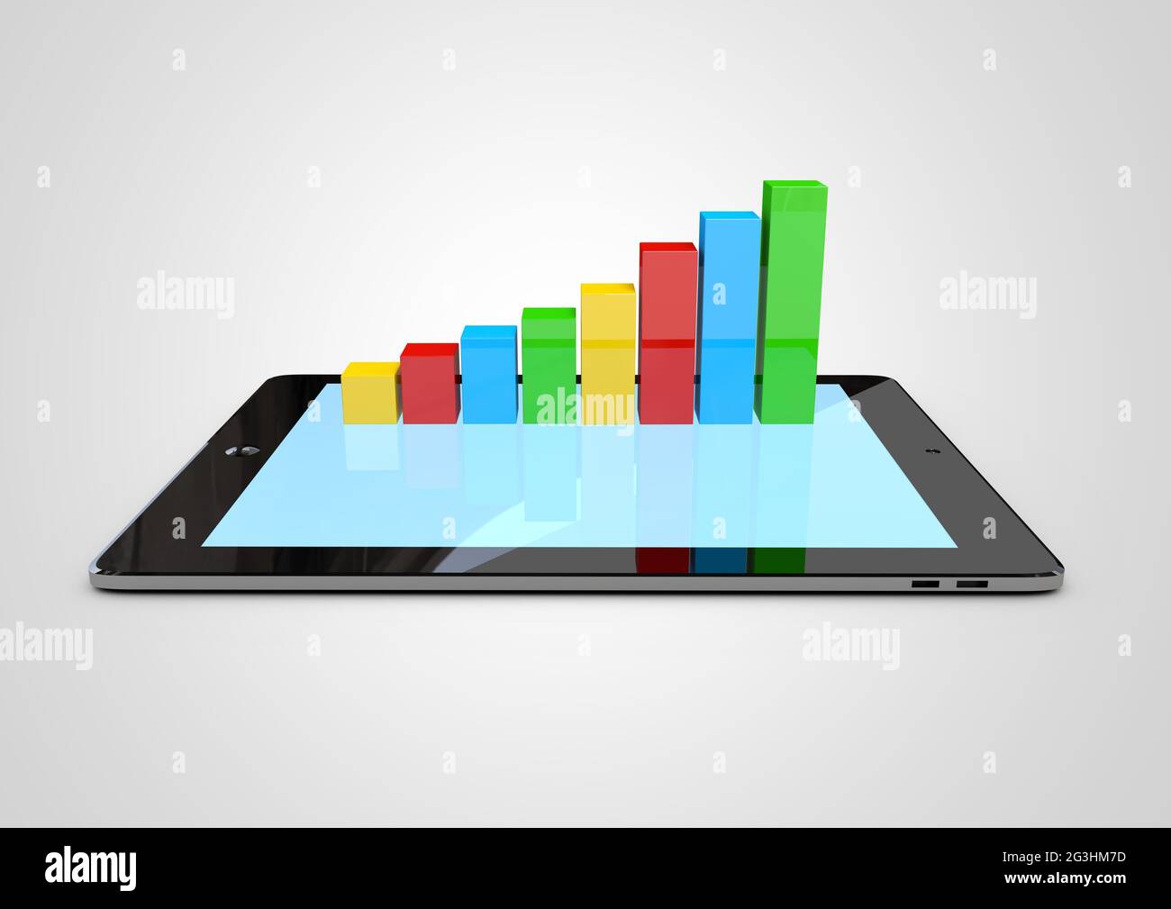 Composition of colourful 3d block graph emerging from screen of tablet ...